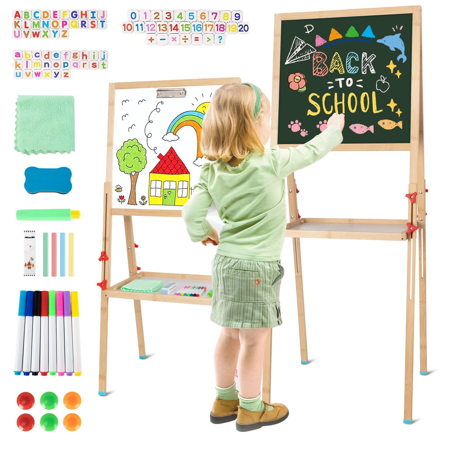 Kids Easel for Art Easel, Art Easels for Toddlers, Bamboo Adjustable Standing Art Easel - Double ...