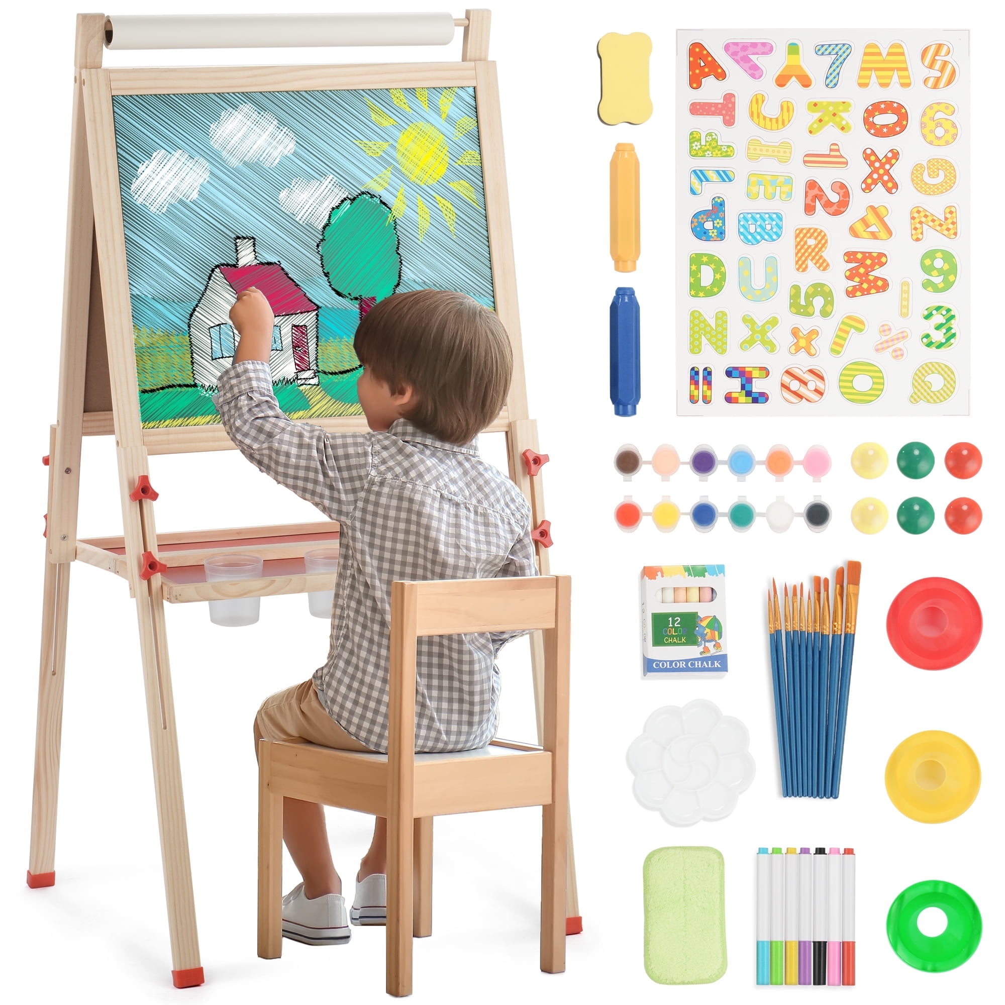 Art Easel for Kids with Paper Roll, Adjustable Double Side Art Drawing ...