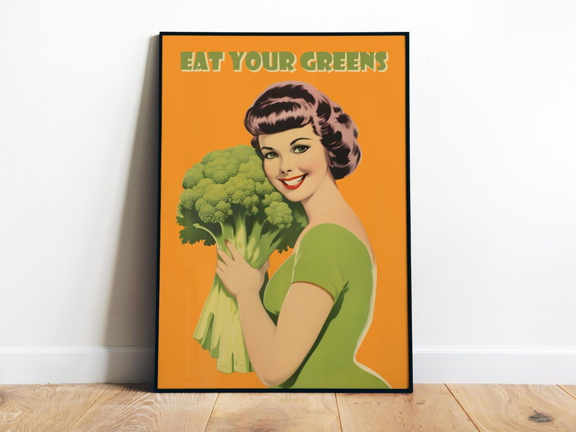 Art Eat Your Greens Poster Funny Kitchen Wall Art Funny Vegetarian ...