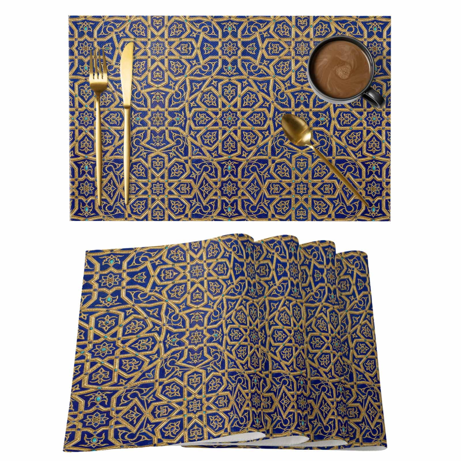 Art Floral Cotton Linen Placemats Set of 1, Abstract Retro Navy Blue ...