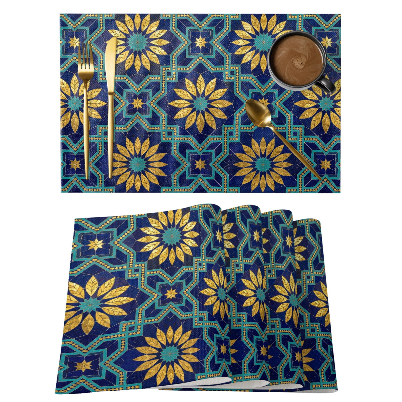 Art Floral Cotton Linen Placemats Set of 2, Abstract Retro Blue Ornate ...