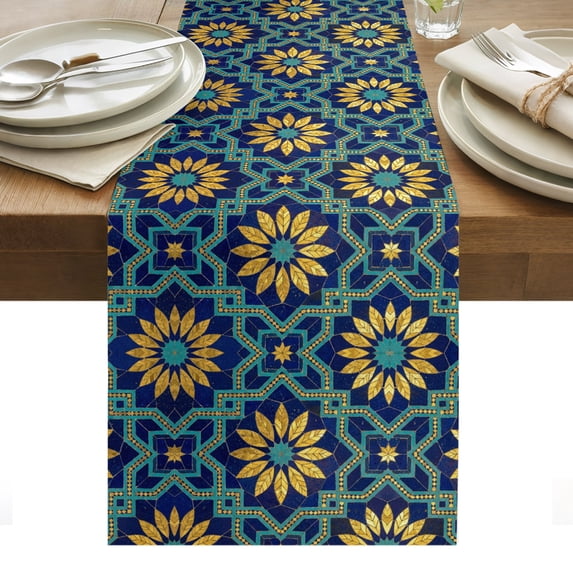 Art Floral Cotton Linen Table Runner Abstract Retro Blue Ornate Pattern ...