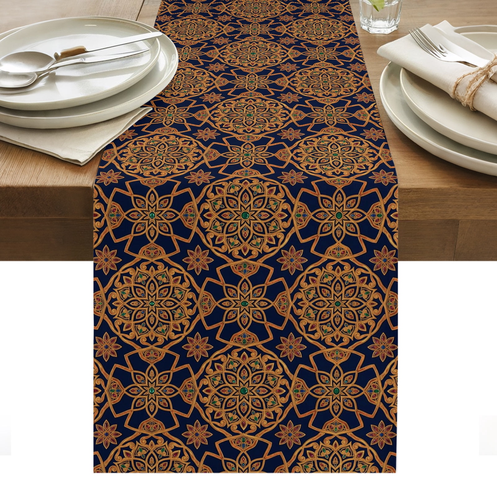 Art Floral Cotton Linen Table Runner Abstract Retro Brown Ornate ...