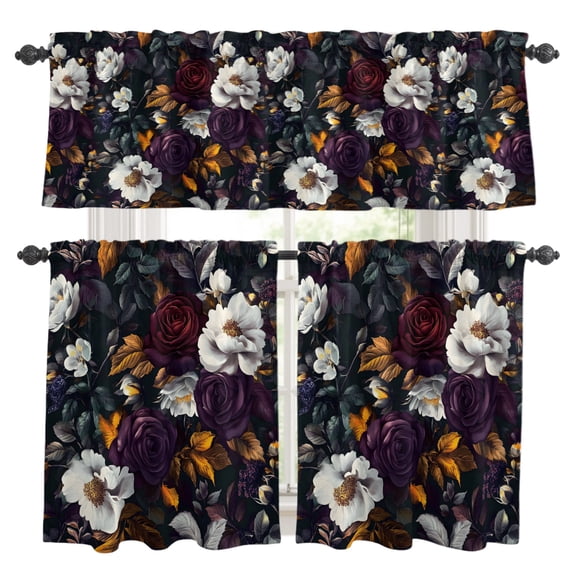 Art Flower Kitchen Curtains Set for Windows, Vintage Watercolor White ...