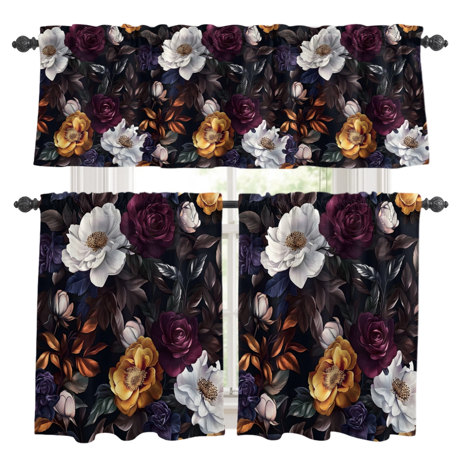 Art Flower Kitchen Curtains Valance and Tier Set Watercolor White ...
