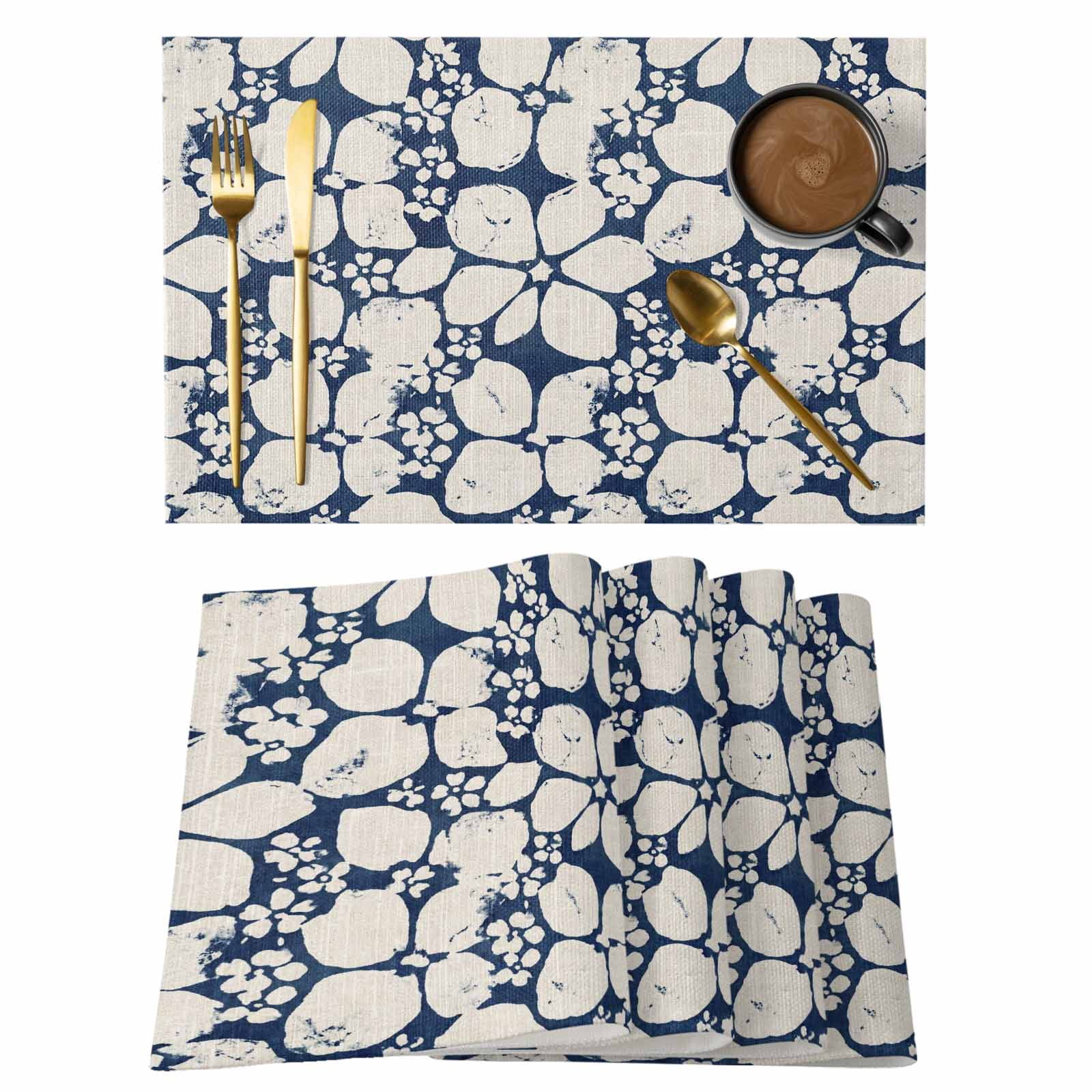 Art Flowers Cotton Linen Placemats Set of 8, Vintage Blue Beige Floral ...