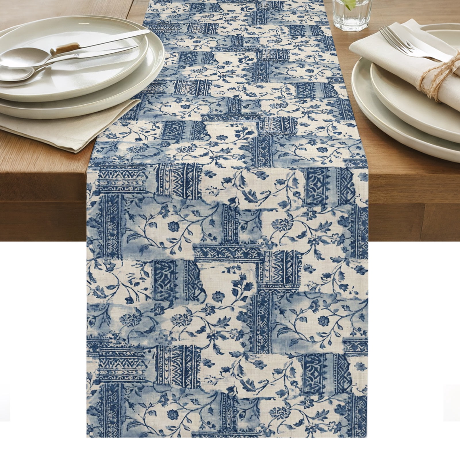 Art Flowers Cotton Linen Table Runner Blue Floral Tie-dye Texture ...