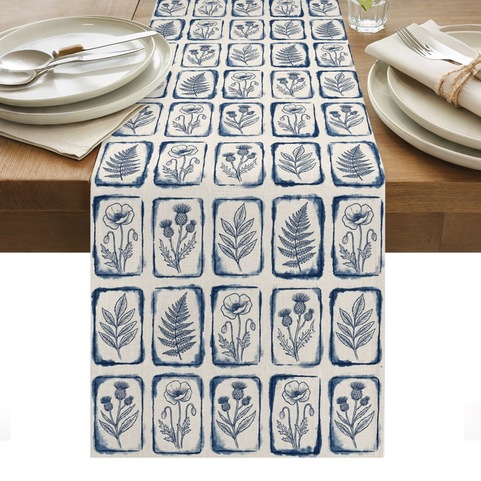 Art Flowers Cotton Linen Table Runner Vintage Blue Floral Tie-dye Leaf ...