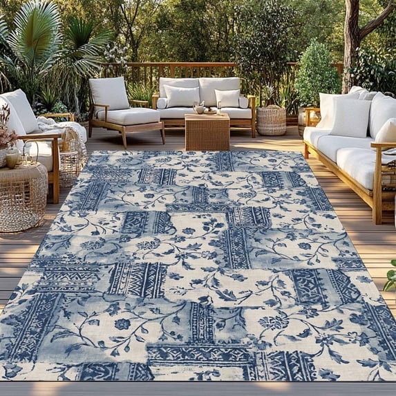Art Flowers Indoor Outdoor Rugs 4x6 Ft, Blue Floral Tie-dye Texture ...