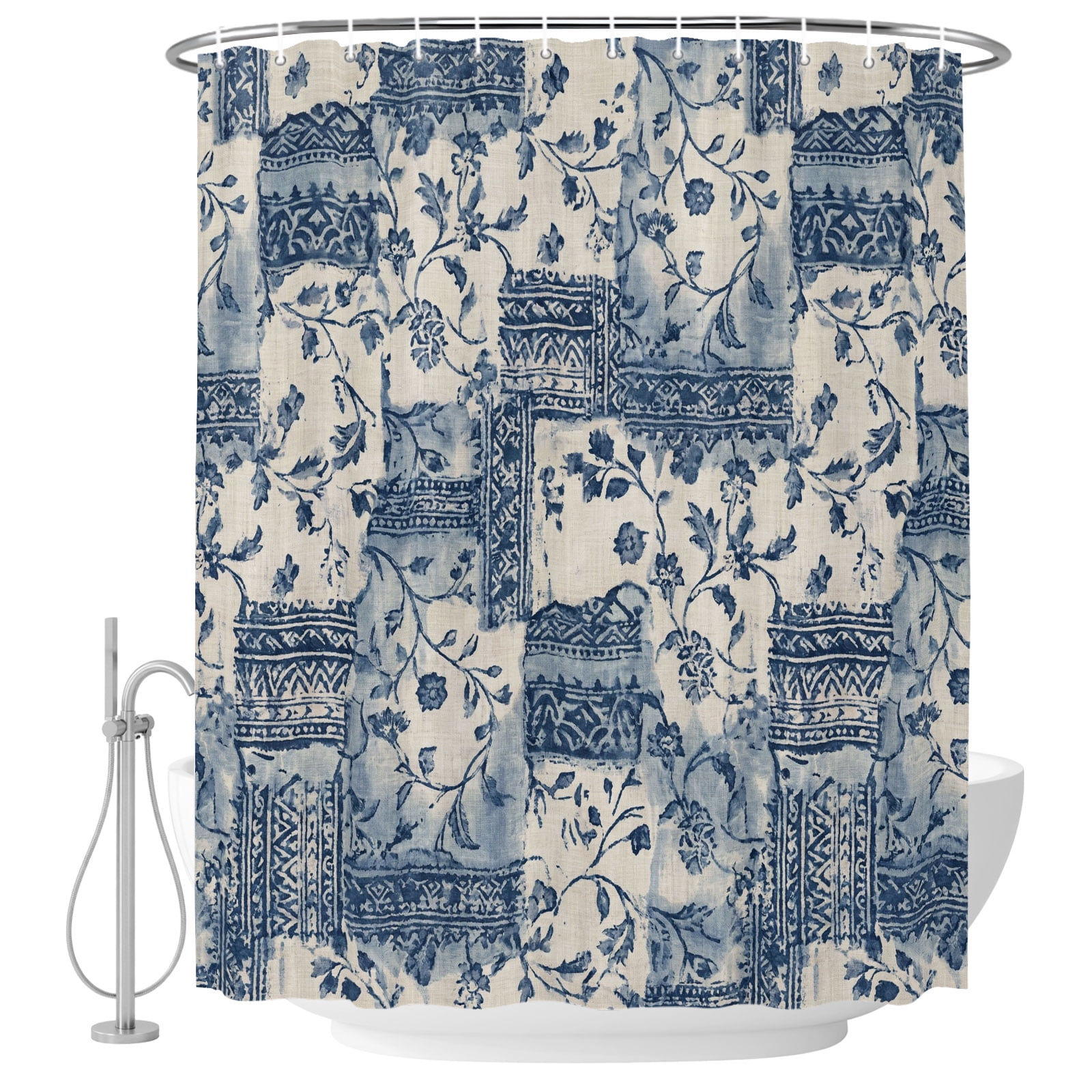 Art Flowers Shower Curtain for Bathroom, Blue Floral Tie-dye Texture ...
