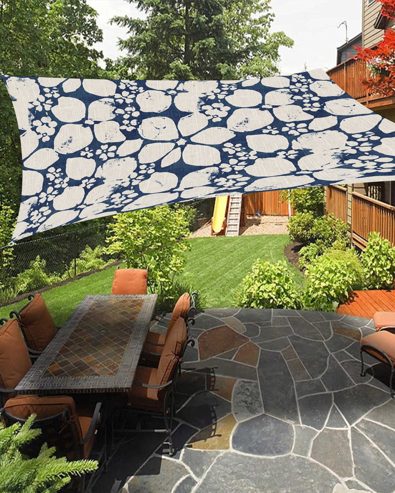 Art Flowers Sun Shade Sail 6.5'X10' Vintage Blue Beige Floral Tie-dye ...