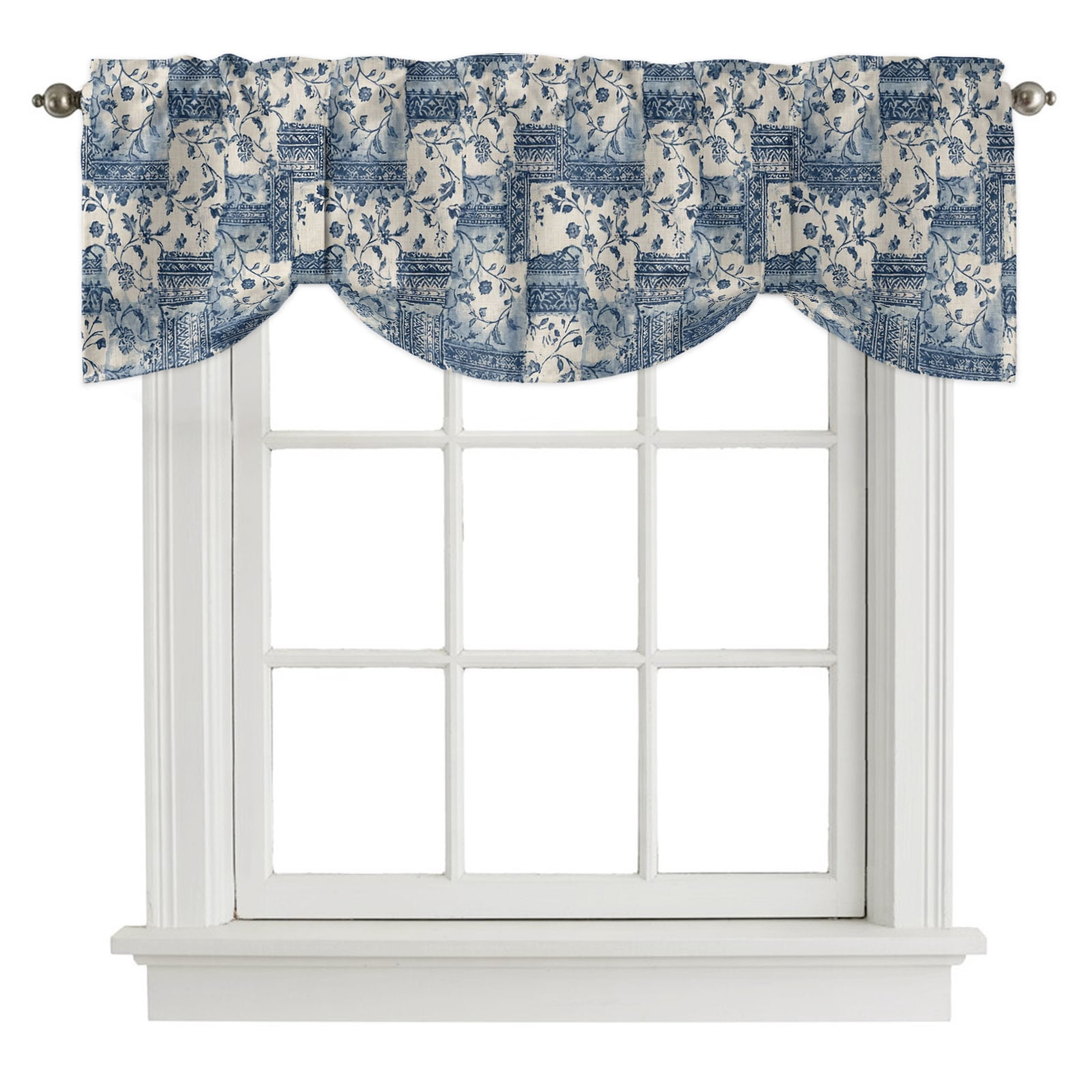 Art Flowers Tie Up Valance Curtains Blue Floral Tie-dye Texture Plants ...