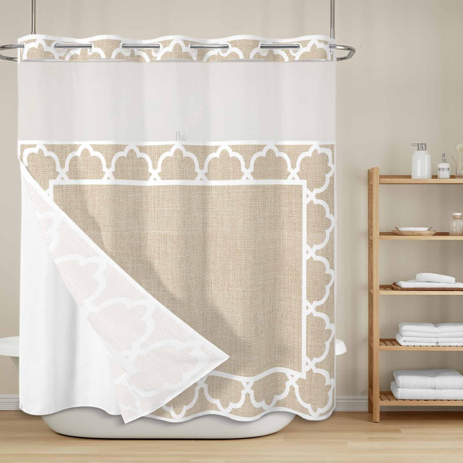 Art Frame No Hook Shower Curtain with Snap in Liner, Geometric White ...