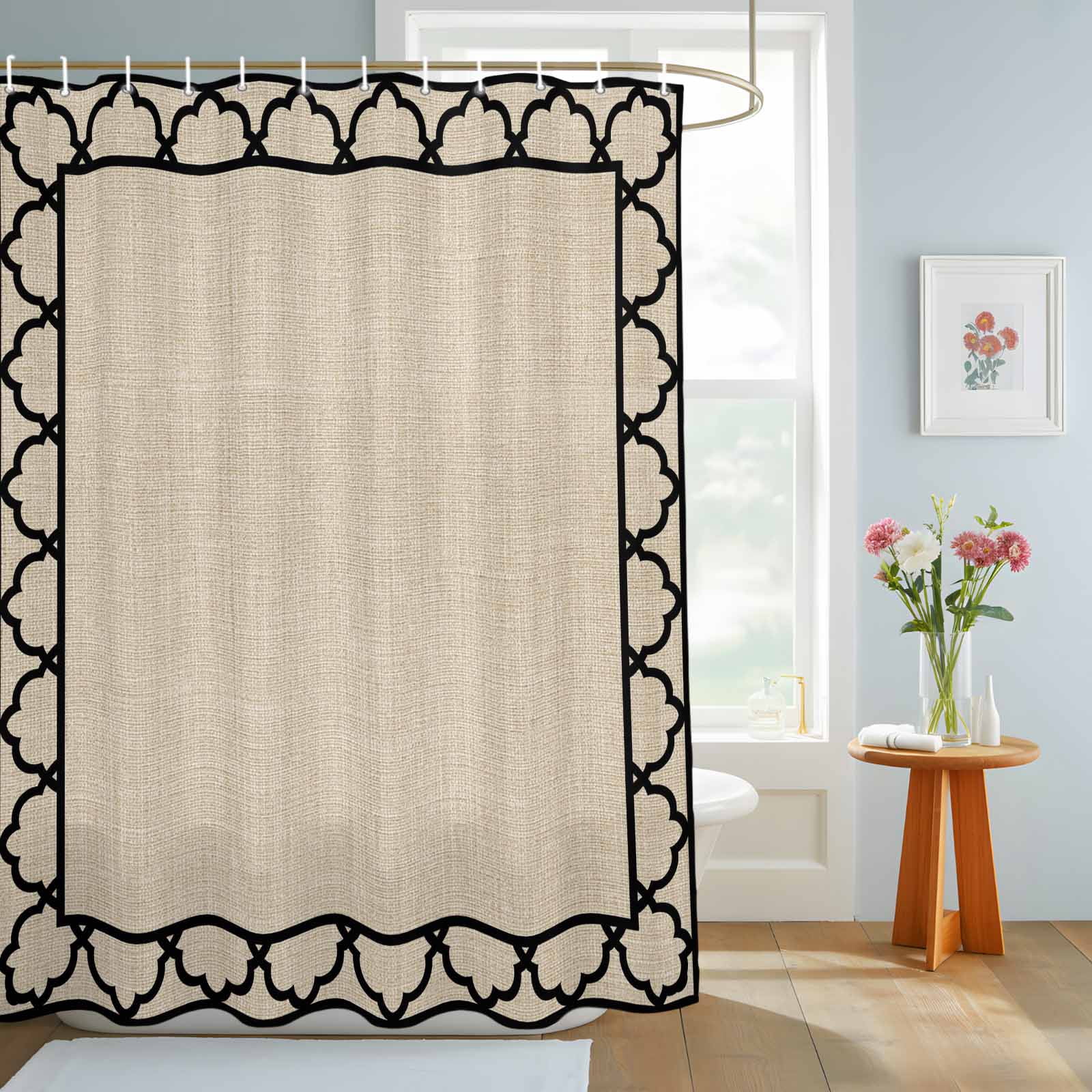 Art Frame Shower Curtain, Geometric Black Morocco Printed Border Rustic ...