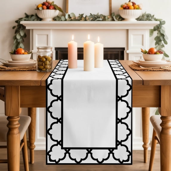 Art Frame Table Runner, Geometric Black Morocco Printed Border Modern ...