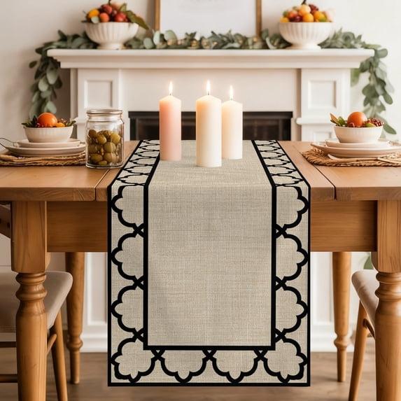 Art Frame Table Runner, Geometric Black Morocco Printed Border Rustic ...