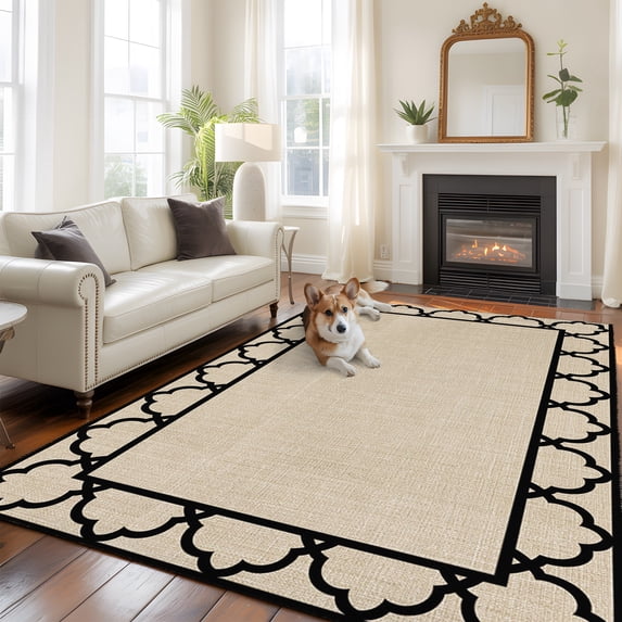 Art Frame Washable Area Rug 5x8 Geometric Black Morocco Printed Border ...