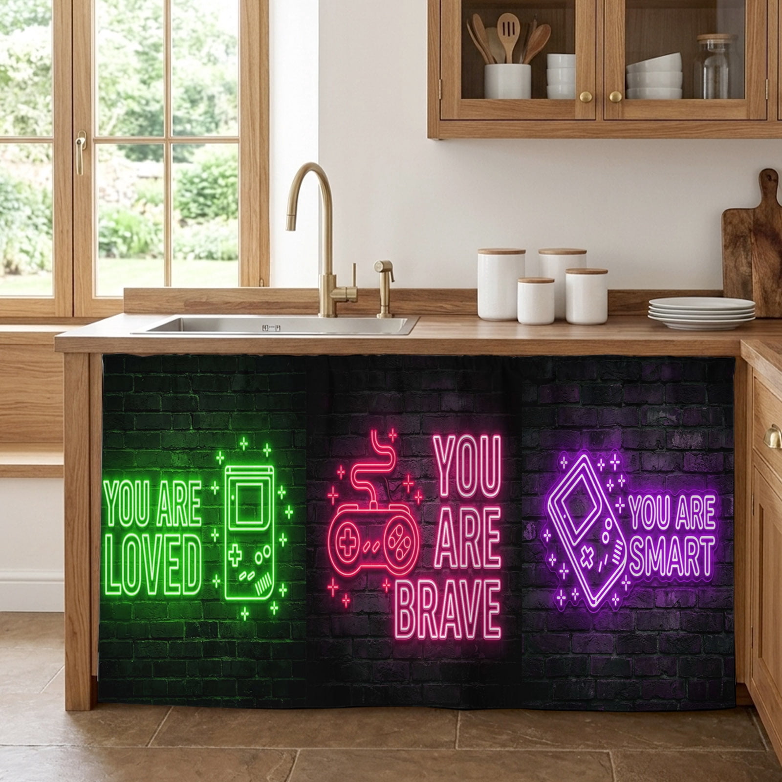 Art Gaming Icons Cabinet Curtains 28" W x 51" L, Multi Panel Neon ...