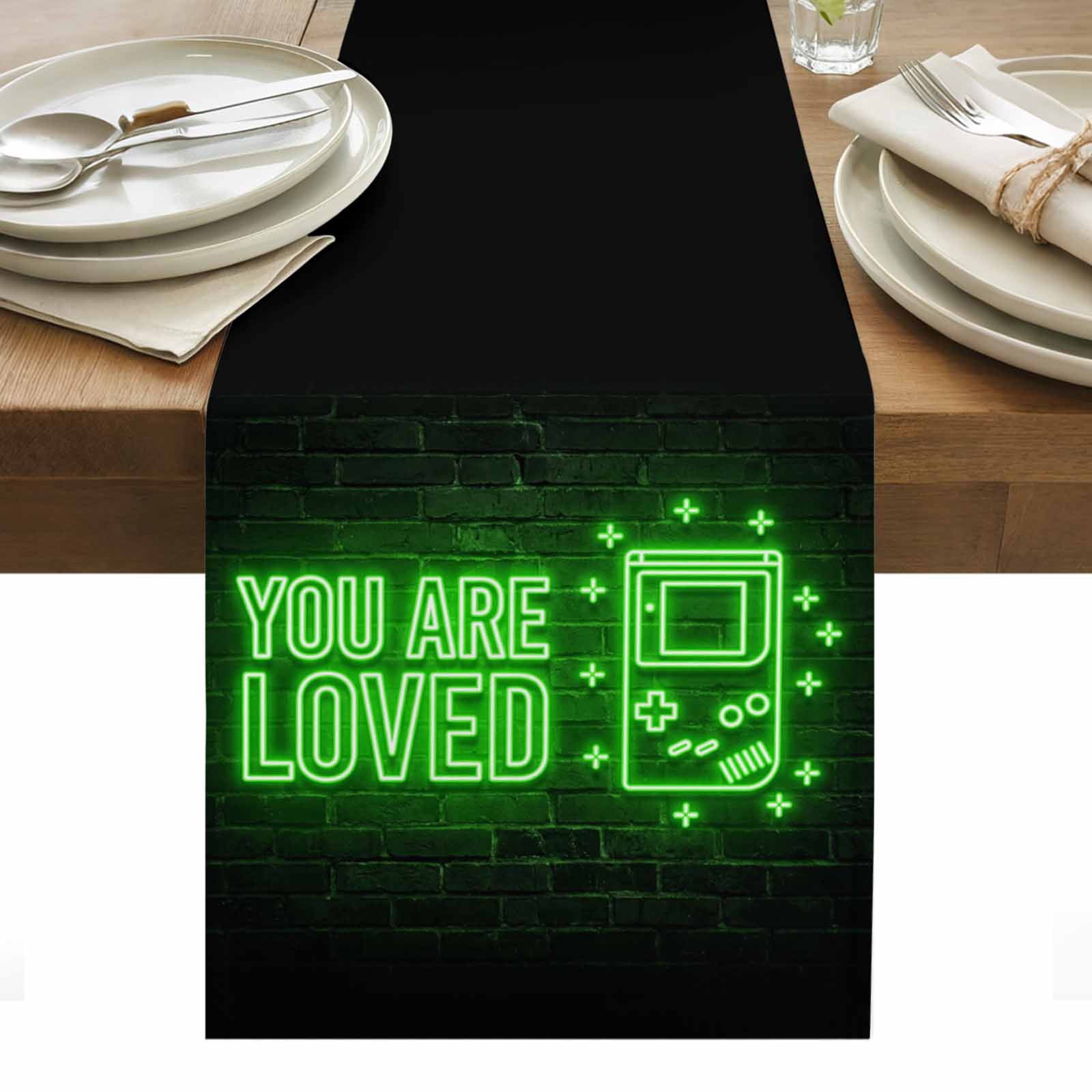 Art Gaming Icons Cotton Linen Table Runner Multi Panel Neon Letter ...