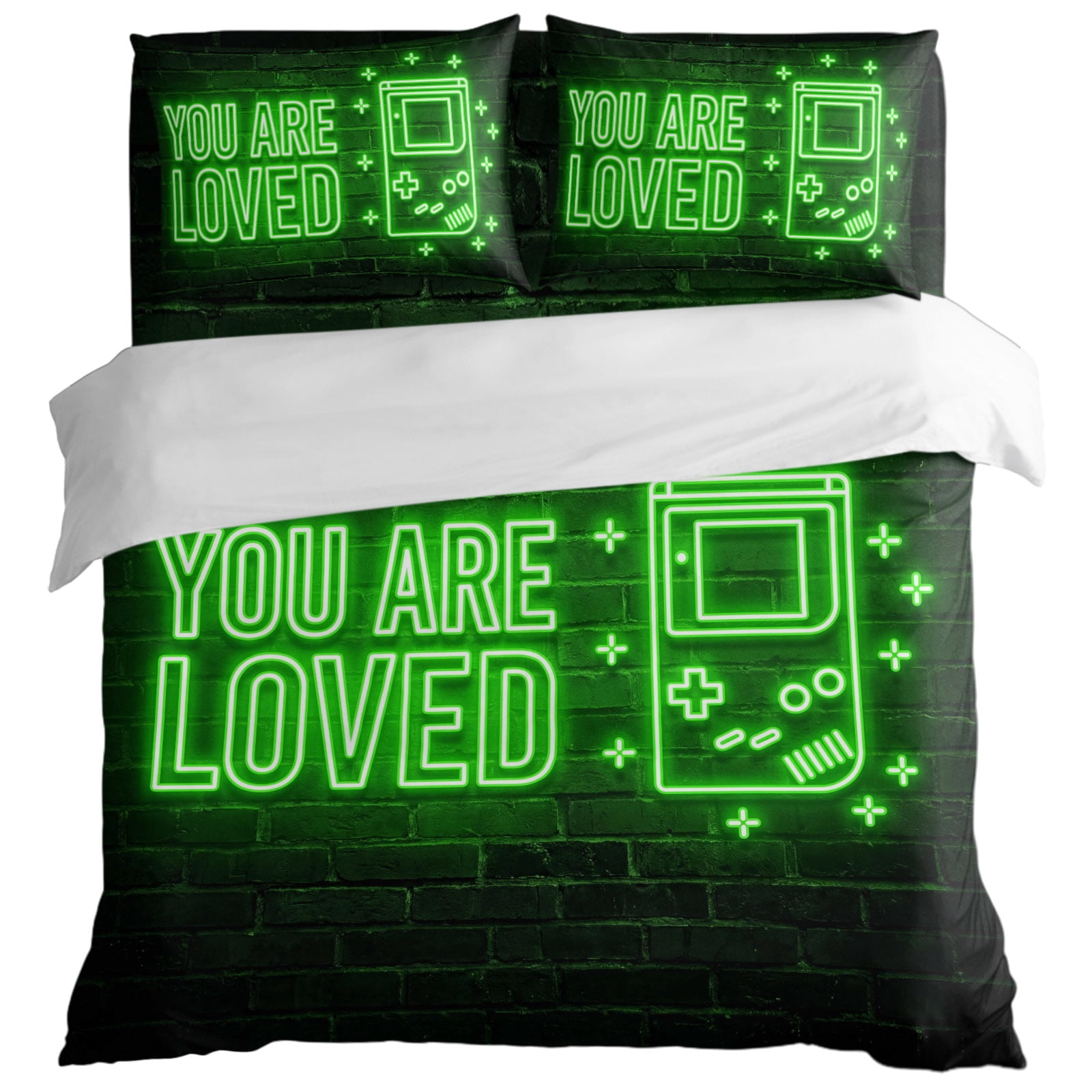 Art Gaming Icons Duvet Cover Set King Size, Multi Panel Neon Letter ...