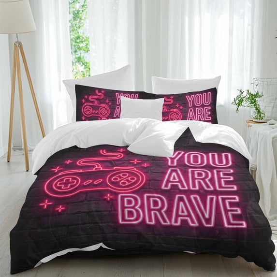 Art Gaming Icons Duvet Cover Set Queen Size, Multi Panel Neon Letter ...