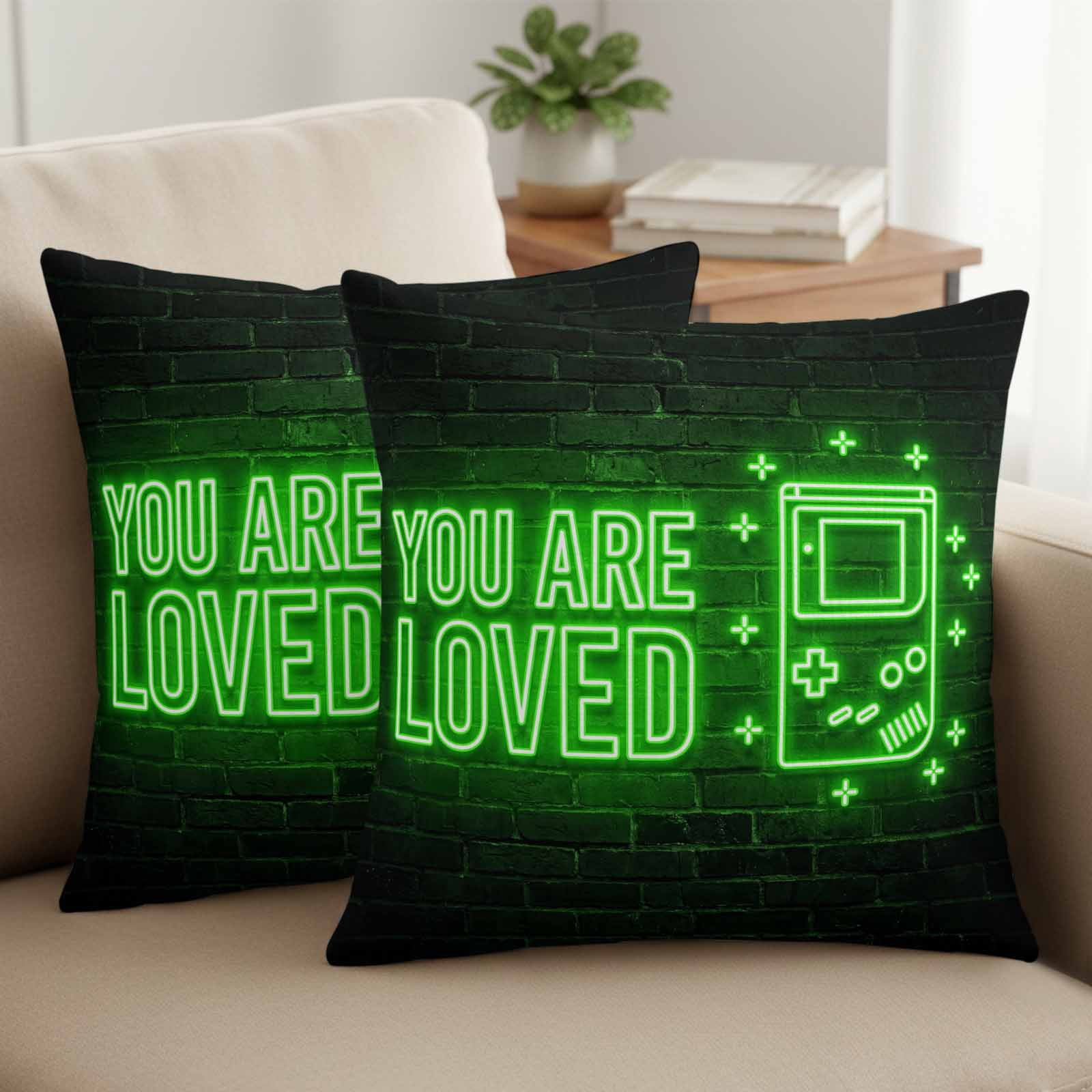 Art Gaming Icons Pillow Covers Set of 2, Multi Panel Neon Letter Green ...