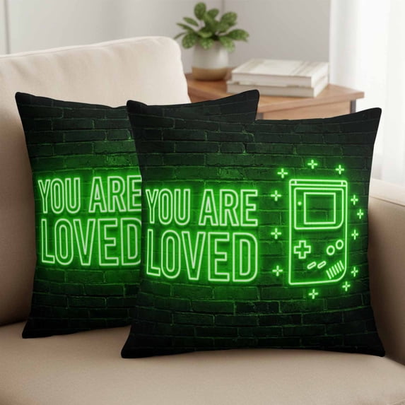 Art Gaming Icons Pillow Covers Set of 2, Multi Panel Neon Letter Green ...