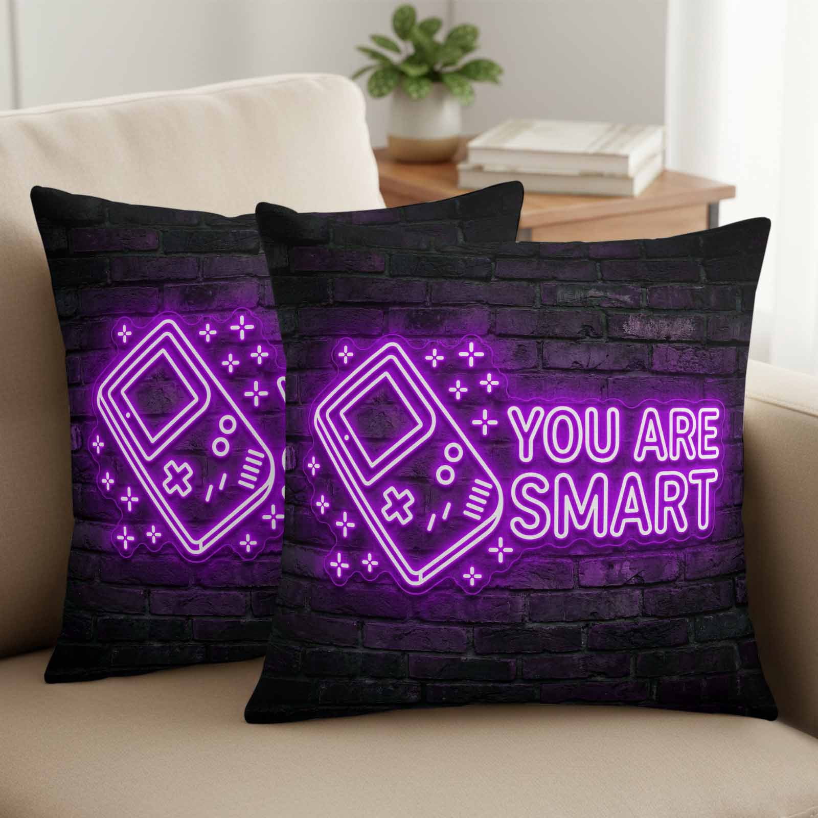 Art Gaming Icons Pillow Covers Set of 2, Multi Panel Neon Letter Yellow ...
