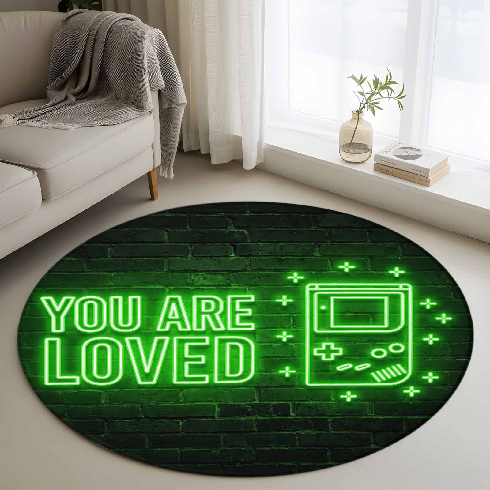 Art Gaming Icons Washable Round Area Rug 3 ft, Multi Panel Neon Letter ...