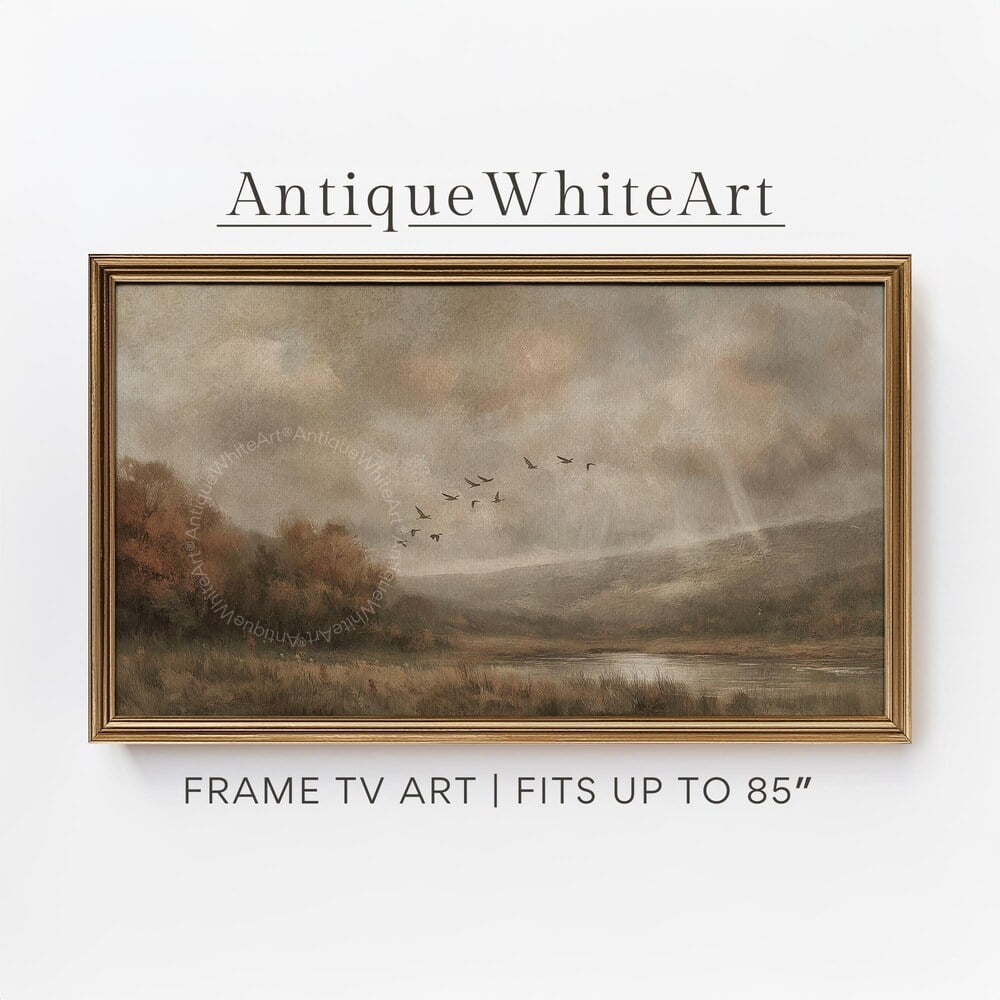 Art Geese Over Autumn Lake Vintage Fall Landscape Muted Tones Farmhouse ...