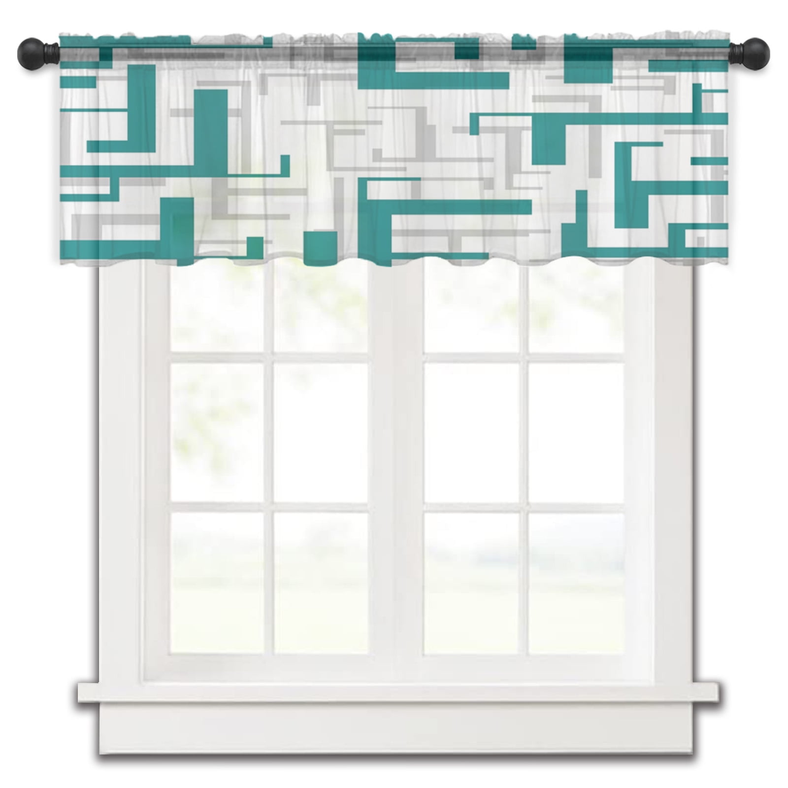 Art Geometric Figures Red Grey Kitchen Small Curtain Tulle Sheer Short ...