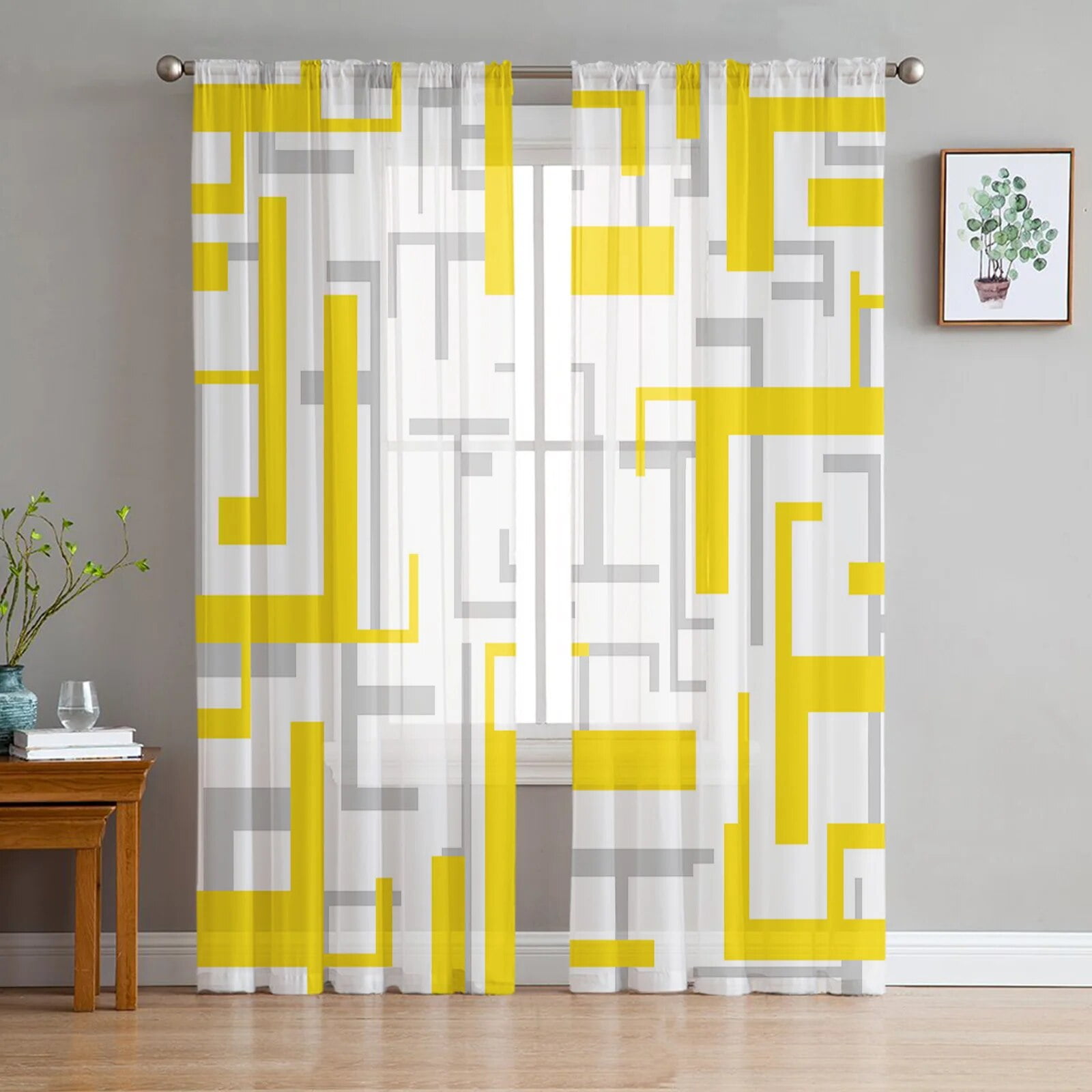 Art Geometry Yellow Grey Bedroom Transparent Sheer Curtains Holiday ...