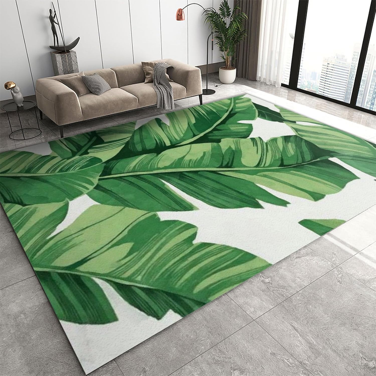 Art Green Banana Leaves Area Rug for Living Room, Modern Botanical ...