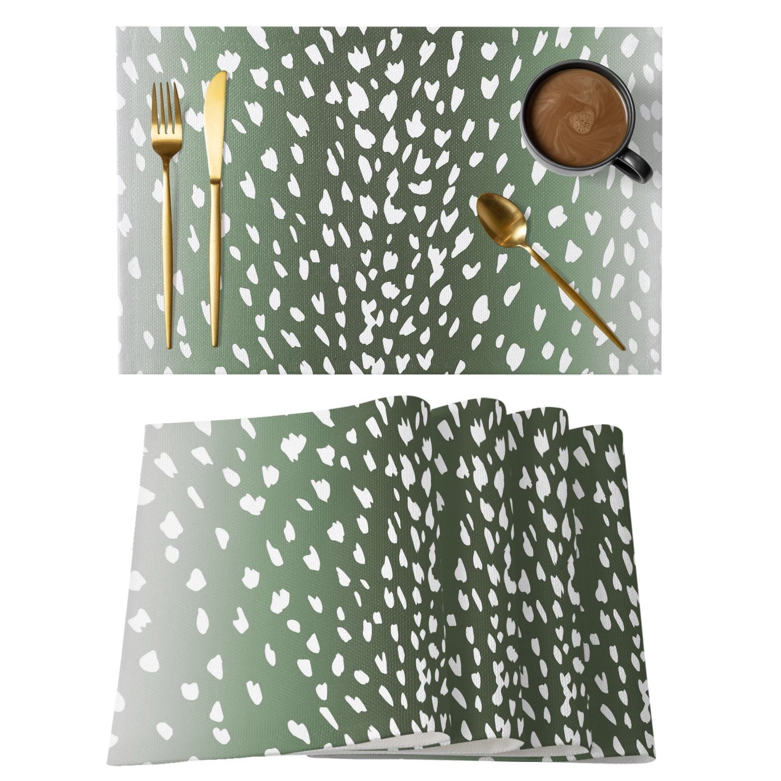 Art Green Cotton Linen Placemats Set of 8, Vintage White Polka Dots ...
