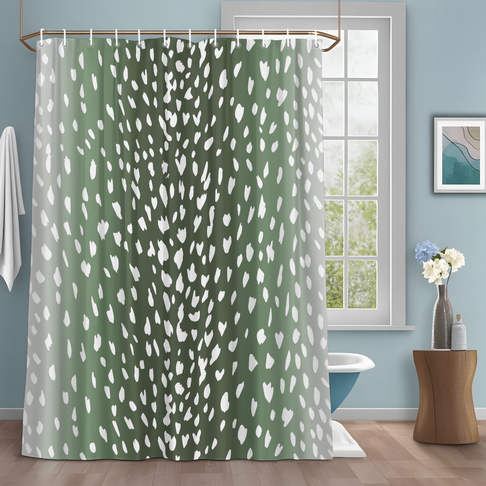 Art Green Shower Curtain Set with Hooks, Vintage White Polka Dots Sage ...