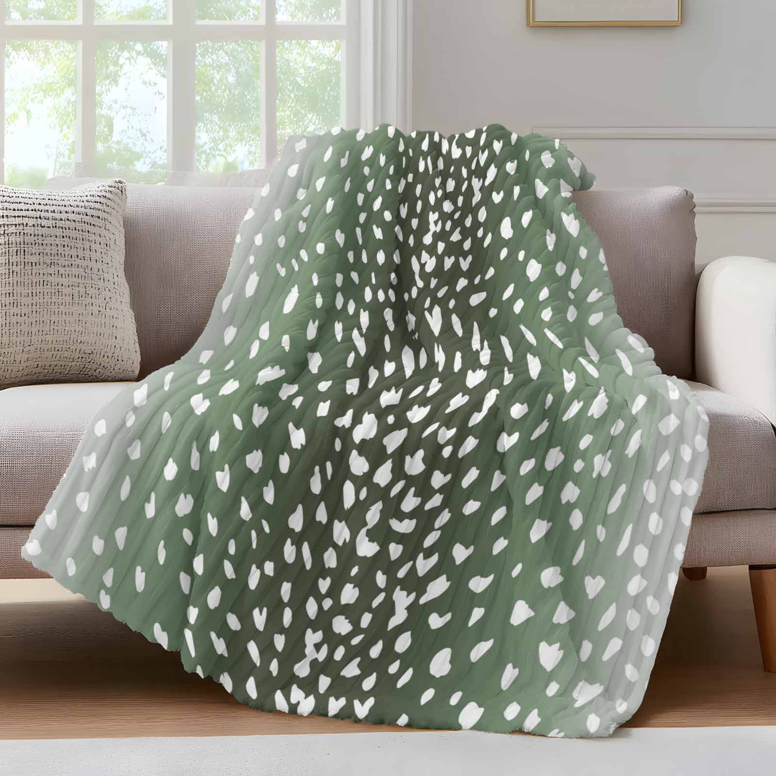 Art Green Throw Blanket for Couch Vintage White Polka Dots Sage Green ...