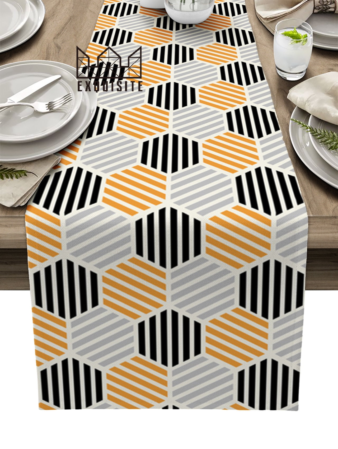 Art Hexagon Stripes Geometric Orange Wedding Decorations Coffee Table Decor Tablecloth Table ...