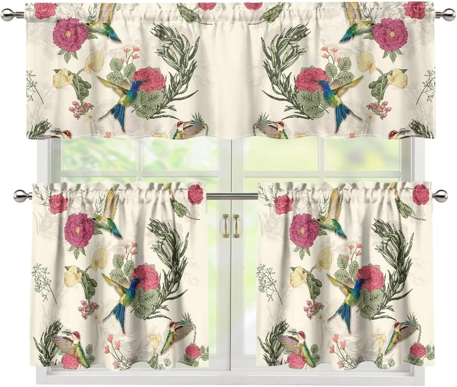 Art Hummingbird Floral 3-Piece Kitchen Curtain Set, Rod Pocket Kitchen ...