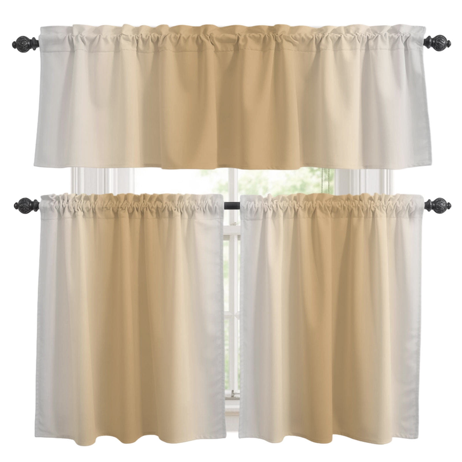 Art Khaki Brown Kitchen Curtains Set for Windows, Vintage White Brown ...