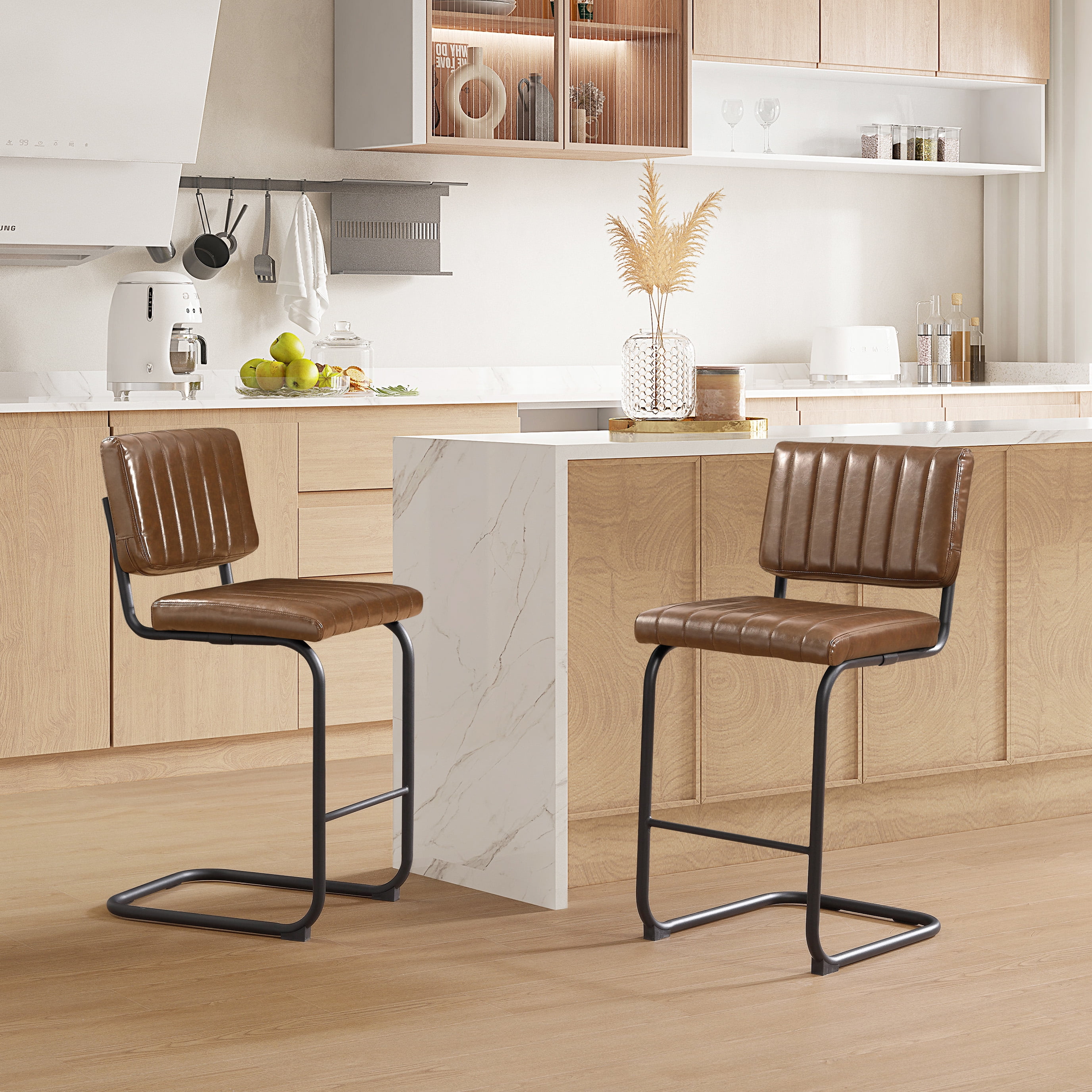 Art Leon Bar Stools Set of 2, Faux Leather Counter Height Stools for Kitchen,Dark Brown ...