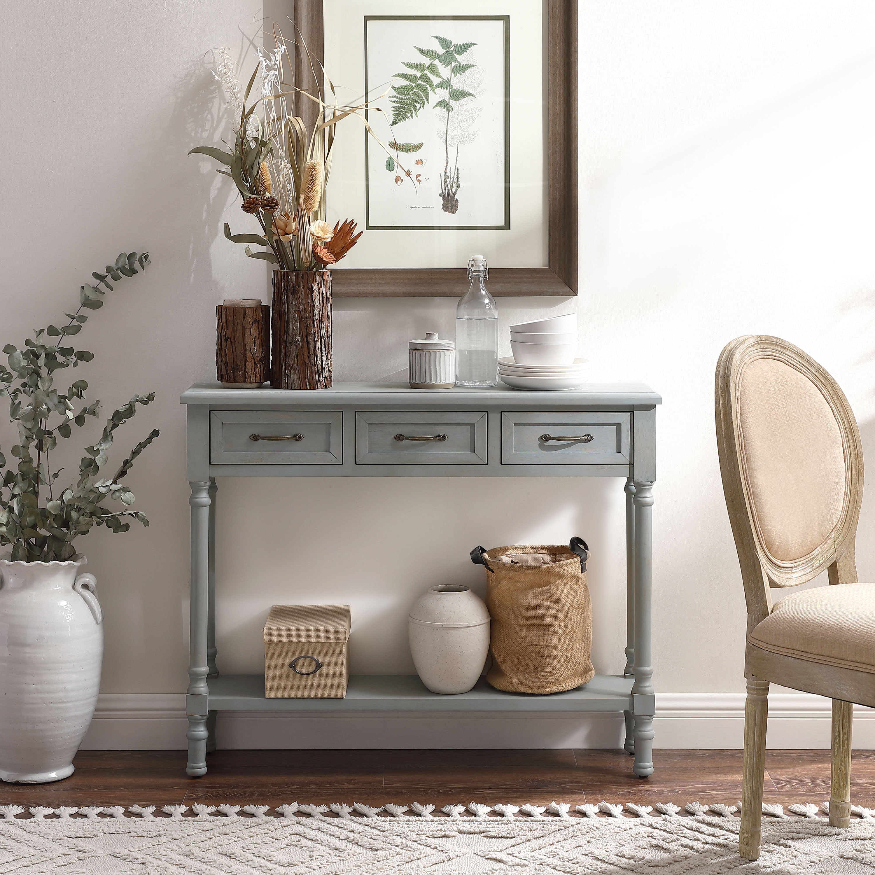 Art Leon Distressed Blue Console Table, Hallway Entryway Storage, 3 ...