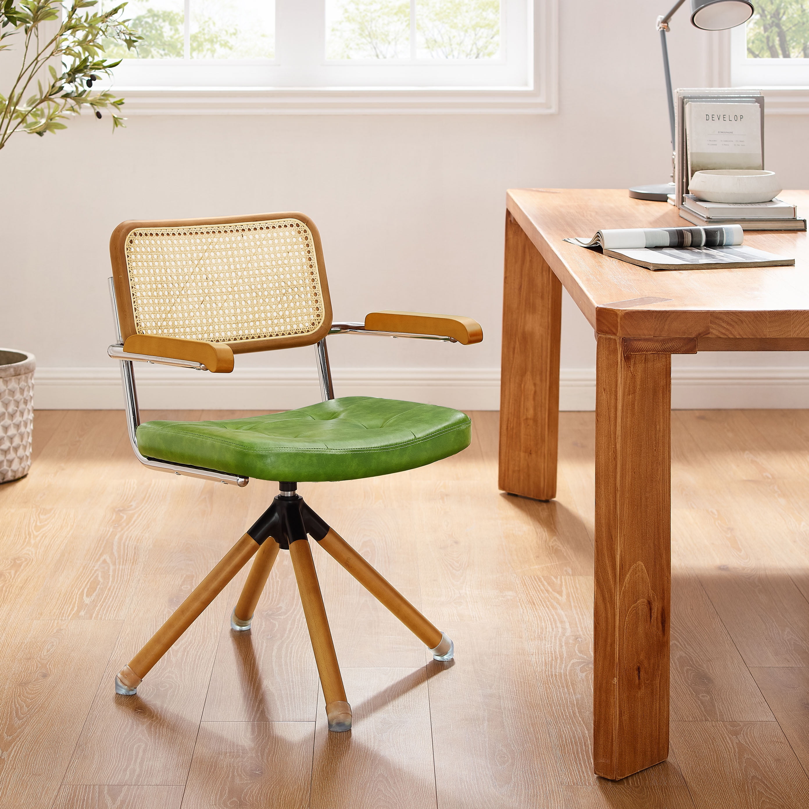 Art Leon Mid Century Desk Chair No Wheel,Faux Leather Rattan Back ...