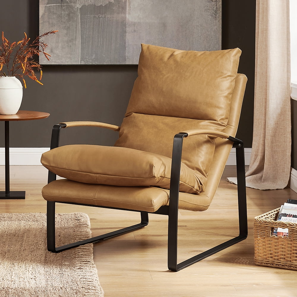 Art Leon Mid Century Genuine Leather Lounge Chair Metal Frame Light ...