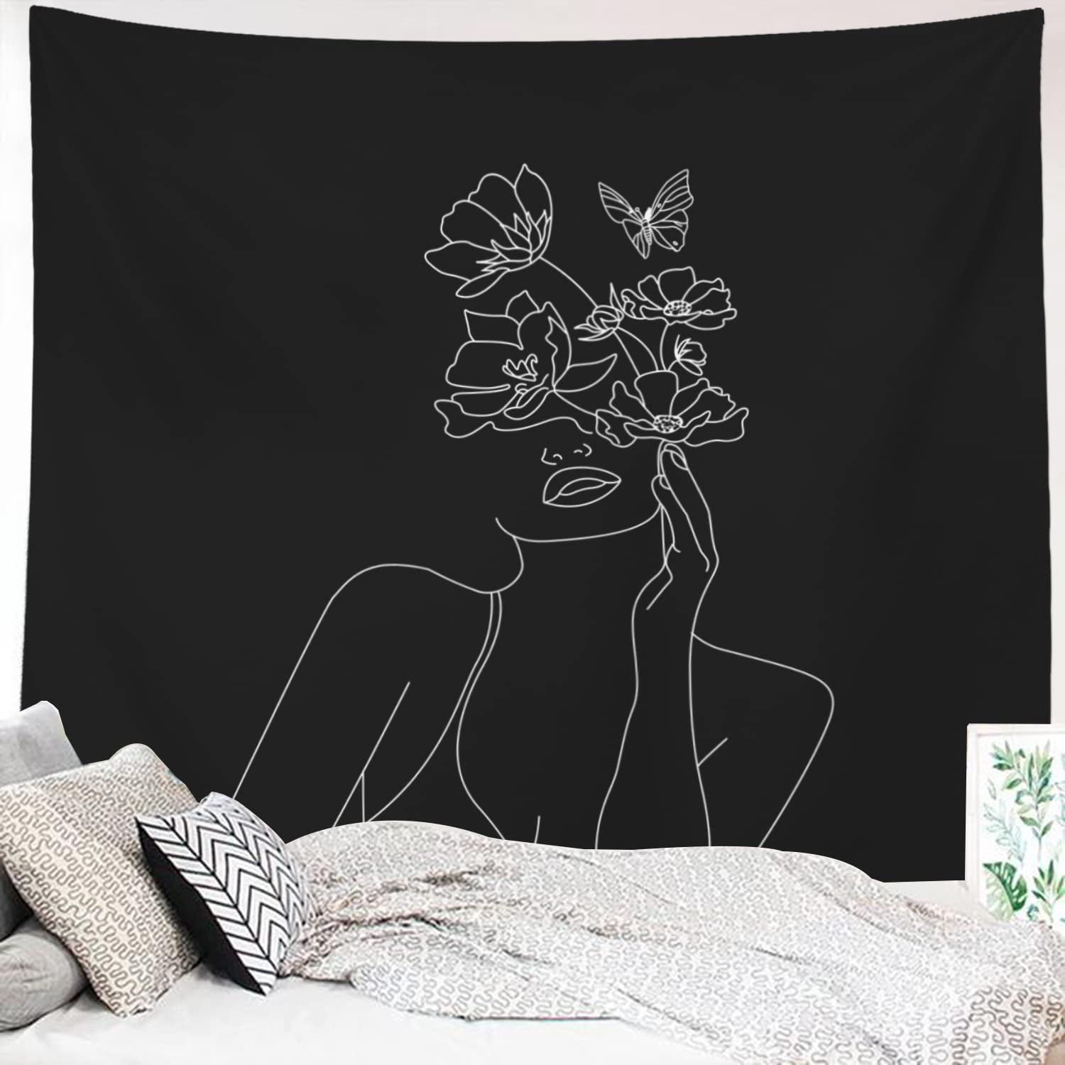 Art Line Aesthetic Wall Tapestry Simple Floral Butterfly Sketch Design ...