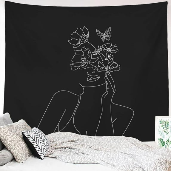 Art Line Aesthetic Wall Tapestry Simple Floral Butterfly Sketch Design ...