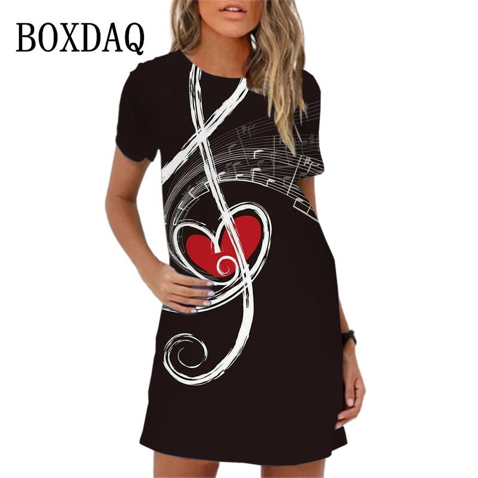 Art Note Pattern Print Women Dress Sweet Casual Short Sleeve Loose A ...
