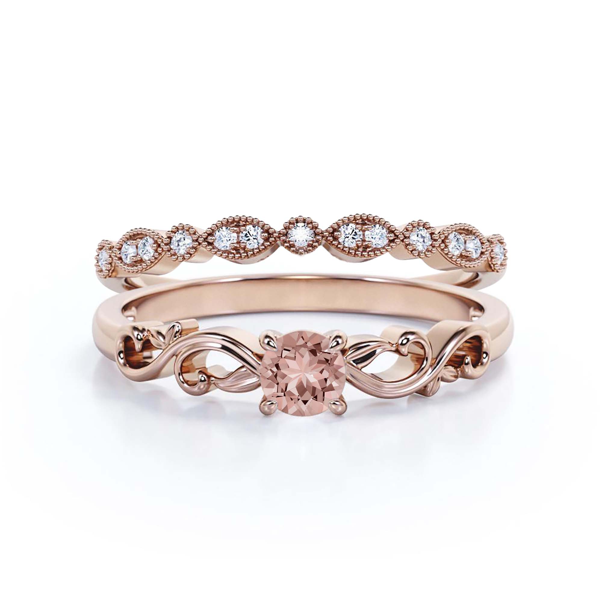 Art Nouvea Twisted 1.00 Carat Round Cut Morganite And Diamond Moissanite Engagement Ring ...