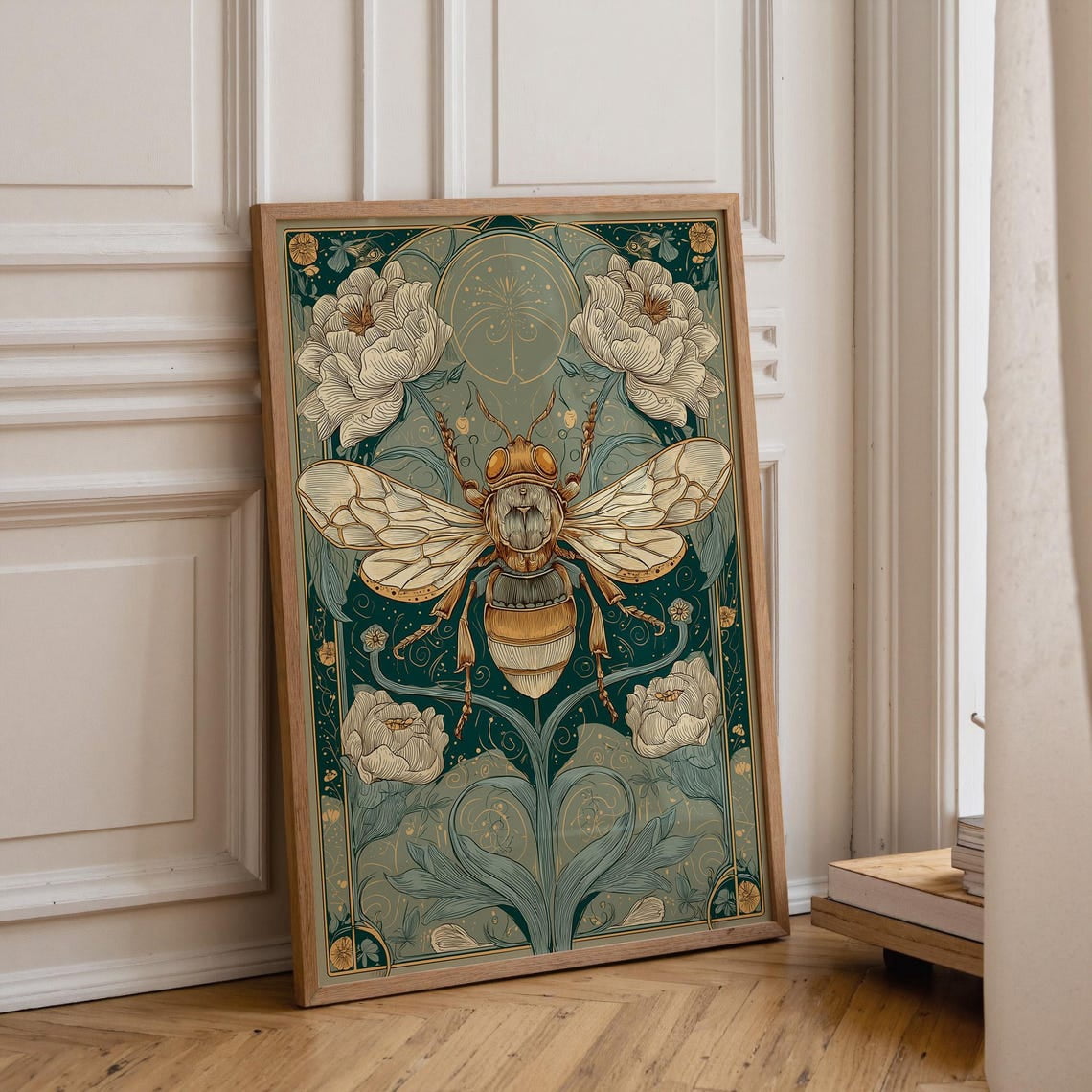 Art Nouveau Bee Print, Vintage Botanical Insect Artwork, Teal Gold ...