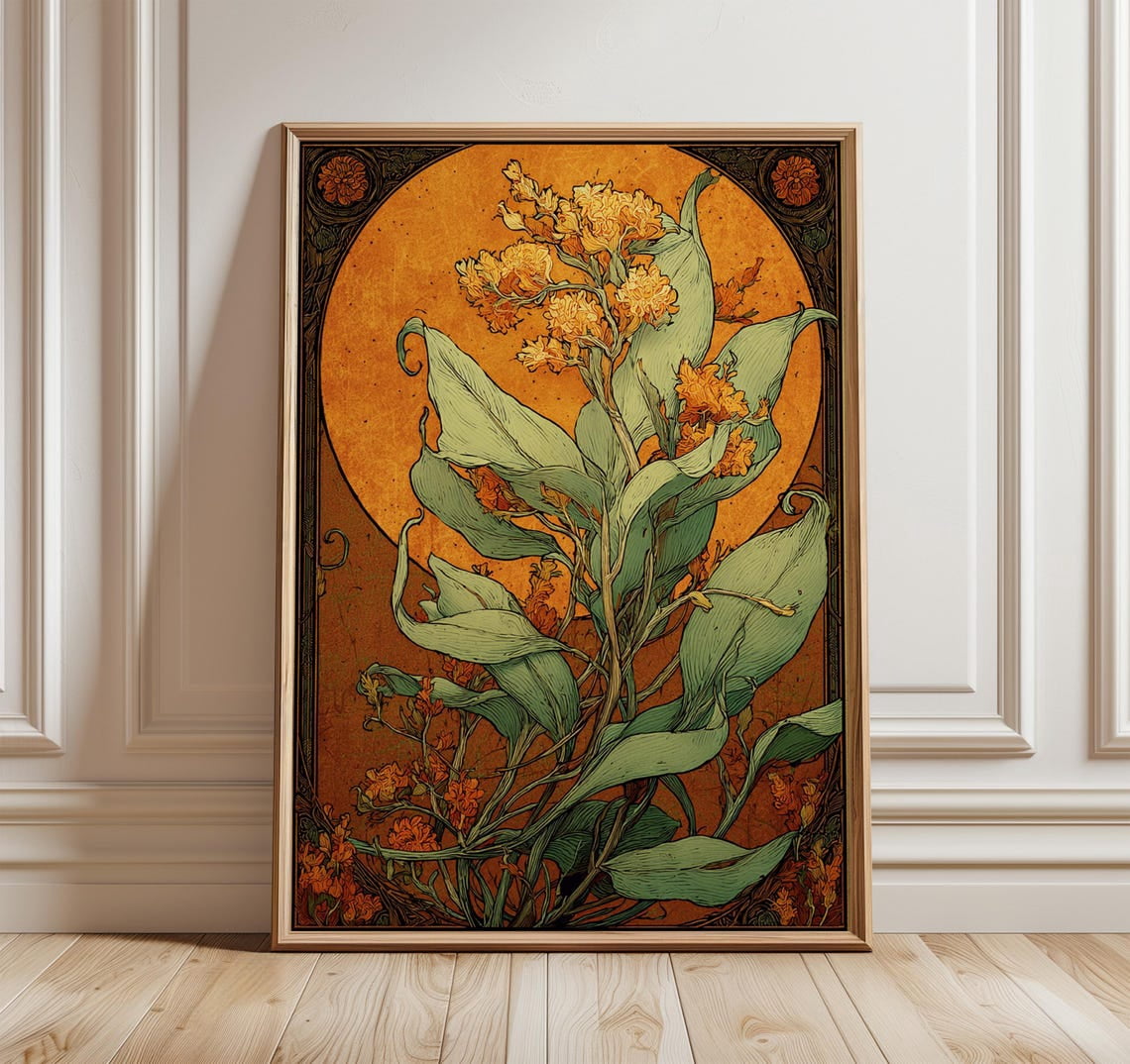 Art Nouveau Botanical Vintage Floral Golden Flower Elegant Home Decor ...