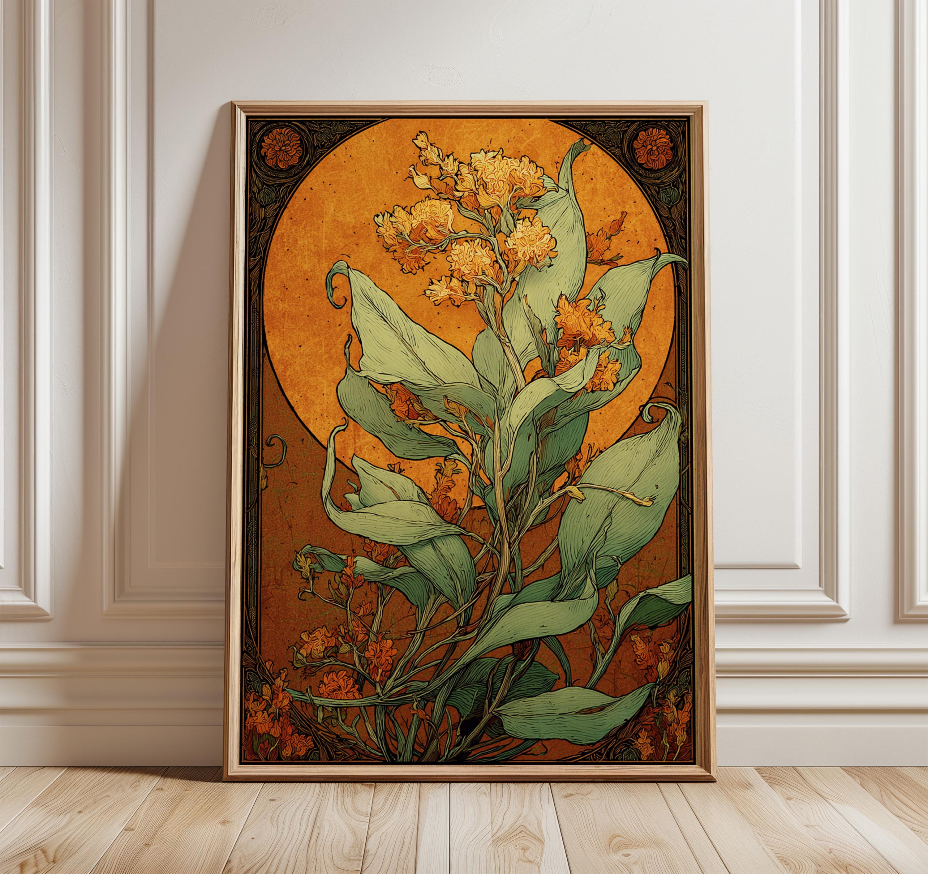 Art Nouveau Botanical Wall Art, Vintage Floral Poster, Golden Flower ...